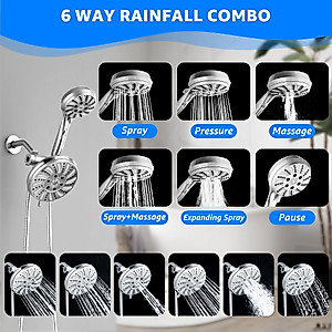 AMAZING FORCE 8.6 Inch Handheld Shower HeadShower High Pressure Handheld Shower With 6 Way Rainfall Combo Shower Sprayer