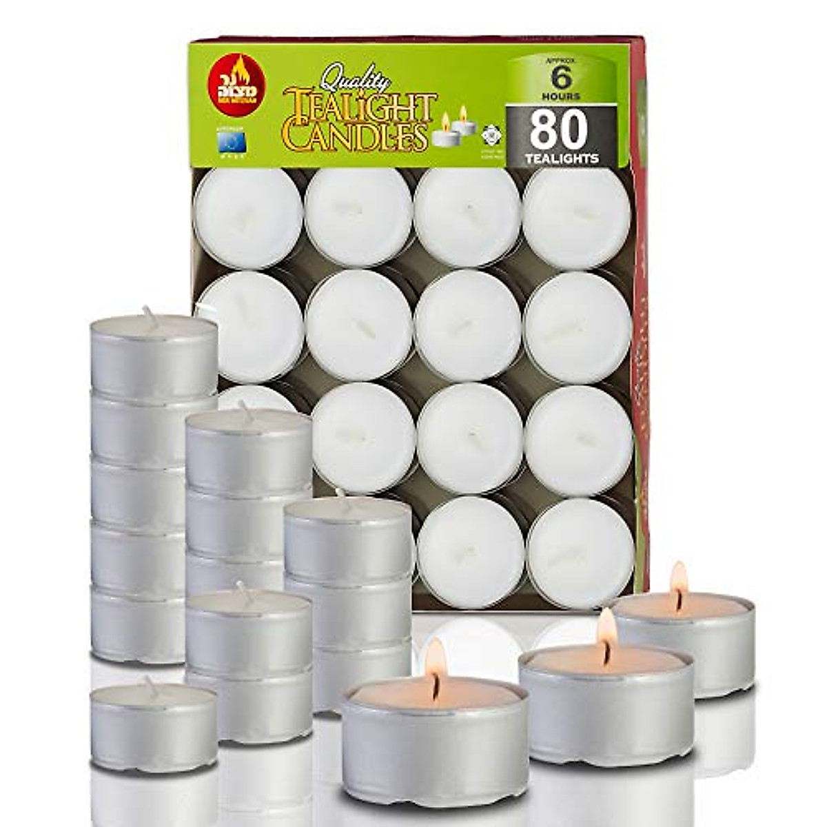 Ner Mitzvah 6 Hour Tea Light Candles - 80 Pack Bulk Package - White Unscented Travel, Centerpiece, Decorative Candle with Maxi Burn Time - Pressed Wax