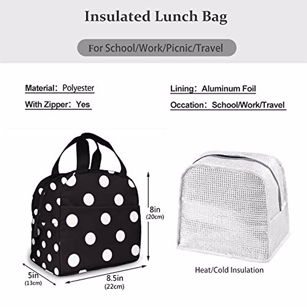 Kslai White and Black Polka Dot Lunch Bag Tote Bag Lunch Bag for Women Lunch Box Insulated Lunch Container
