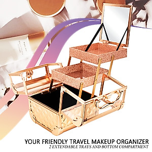 Ver Beauty Makeup Box Cosmetic Train Case with Clear Armored Acrylic Jewelry Organizer with 2 Tiers Trays and Mirror Lockable Portable Travel Cosmetic Display Aluminum Case (Rose Gold Diamond)