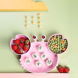THERDO Toddler Plate and Utensil Set, Divided Baby Plate, Self Feeding Training for Baby, Bamboo Kids Food Plate BPA Free, Microwave Dishwasher Safe, Cute Crab Shaped Cartoon Feeding Plate(Pink)