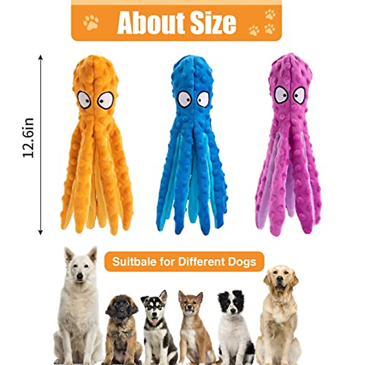 Alphatool Squeaky Dog Toys, Octopus Dog Toys for Aggressive Chewers, Tough No Stuffing Plush Dog Toys for Large Dogs, Crinkle Interactive Puppy Dog Toys for Small Medium Dogs(3pcs)