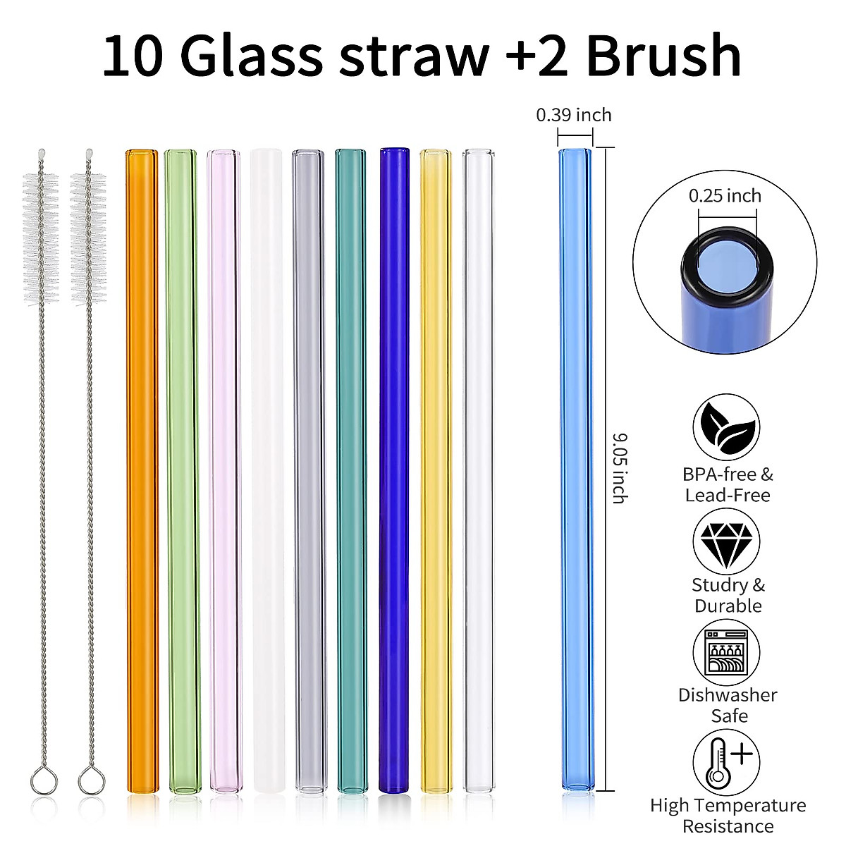 [10 Pcs] Reusable Glass Straws Shatter Resistant - 9" x 10 mm Eco Friendly Multicolor Drinking Reusable Straws With 2 Cleaning Brushes for Coffee,Milkshakes,Juice Drinks
