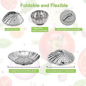 Jemyda Vegetable Steamer Basket, Foldable Stainless Steel Veggie Steamer Basket, Food Steamer for Cooking, Expandable Steaming Basket (5.1" to 9")