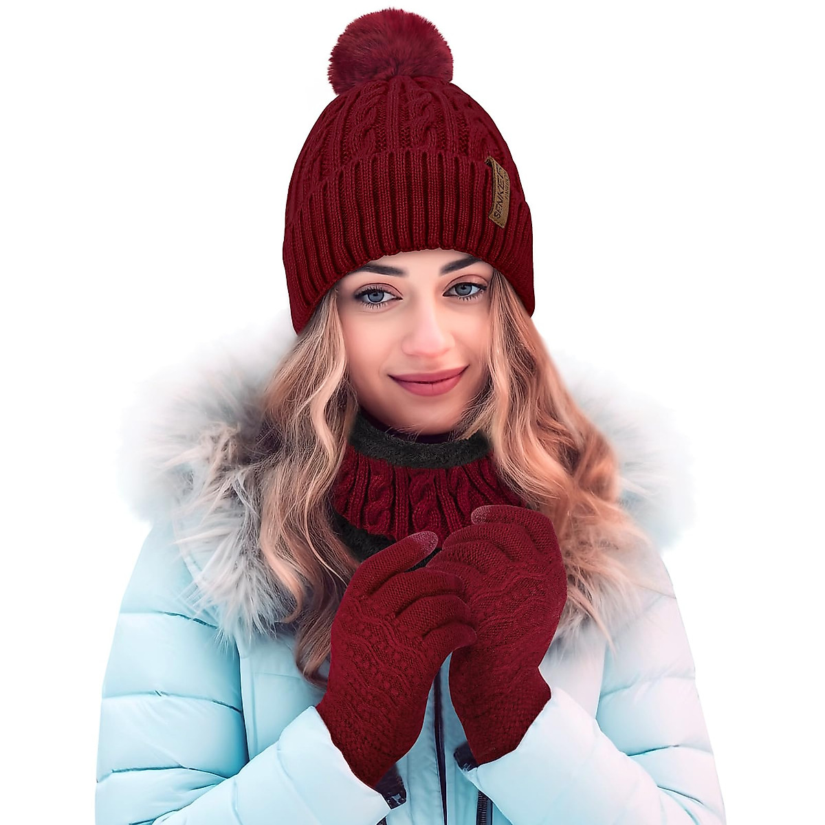 3Pcs Winter Beanie Hat Scarf Gloves Set for Women Thick Warm Knit Fleece Lined Skull Cap Neck Warmer Touch Screen Gloves Gifts, A-Black