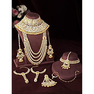 Aheli Ethnic Indian Indian Traditional Bollywood Faux Kundan Dulhan Heavy Bridal Jewelry Set with Choker Earrings Maang Tikka Hathphool for Women Girls
