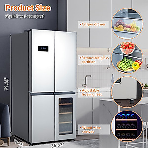 GarveeHome 21 Cu.Ft French Door Refrigerator, 4 Door Counter Depth Stainless Steel Refrigerators, Multifunctional Fridges with Freezer, Refresh, and Wine Cooler for Kitchen, Bedroom, Office, Dorm