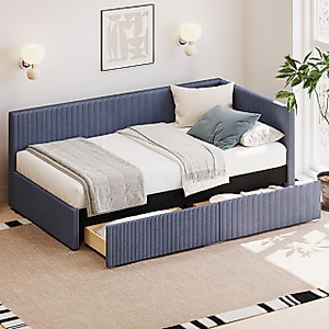 THINK 30 Corduroy Upholstered Daybed with Two Storage Drawers, L Shape Corner Bed with Vertical Striped Design, Twin Size, Blue