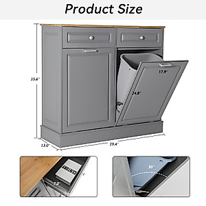 UEV Double Kitchen Trash Cabinets,Two Tilt Out Trash Cabinets with Solid Hideaway Drawers,Free Standing Wooden Kitchen Trash Can Recycling Cabinet Trash Can Holder (Grey)