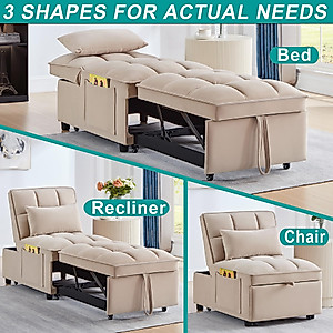 MWrouqfur 4 in 1 Sleeper Chair with Pullout Bed, Convertible Lazy Sleeper Sofa Chair with Storage Pockets & Adjustable Backrest, Comfortable Folding Ottoman Bed Sleeper for Living Room (Taupe)