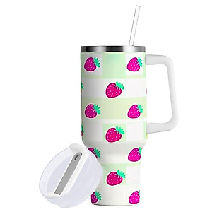 RPLIFE Yellow Pink Strawberry Stripes Tumbler Cup, Stainless Steel Bottle, Straw Water Bottle