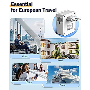 UK & European Travel Plug Adapter - Fast Charger for iPhone iPad 20W PD USB C & Quick Charge QC 3.0, 2500W Power Adaptor 3 US Outlets American to EU Europe Italy France Travel Essentials Accessories