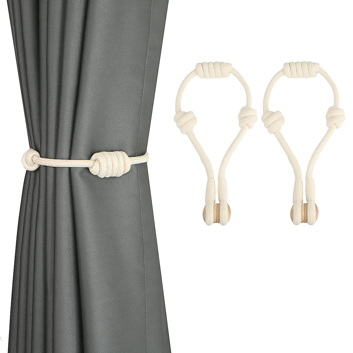 HedongHexi 2 Pack Magnetic Curtain Tiebacks, Curtain Ties Magnetic No Drill, Handmade Curtain Tie Backs Decorative Holdbacks (White, 2P)