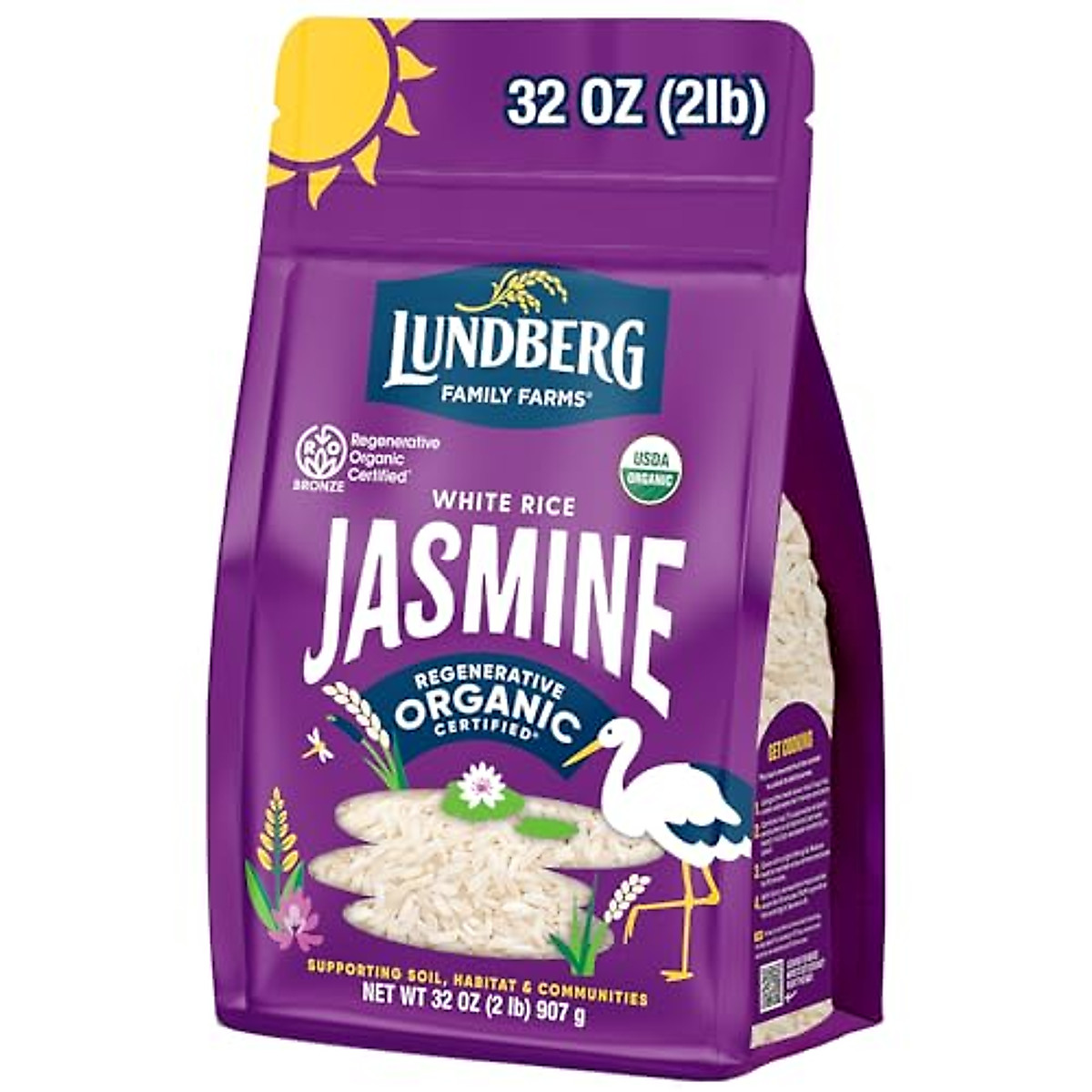 Lundberg Jasmine Rice, Regenerative Organic Certified – Non-Sticky, Aromatic Long-Grain White Rice, Responsibly Grown in California, 32 Oz
