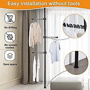 Hershii Telescopic Clothing Rack for Hanging Clothes Laundry Tension Pole 4 Tiers Coat Tree Garment Drying Stand Floor to Ceiling Corner Storage Organizer Holder for Indoor, Balcony - Black