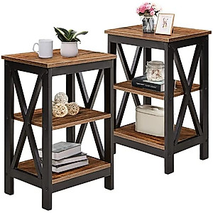 VECELO End Side Table with Storage Shelf Living Room,Bedroom Furniture, Brown(Set of 2), Nightstand with Shelves