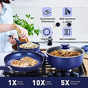 6 Pieces Pots and Pans Set,Aluminum Cookware Set, Nonstick Ceramic Coating, Fry Pan, Stockpot with Lid, Blue