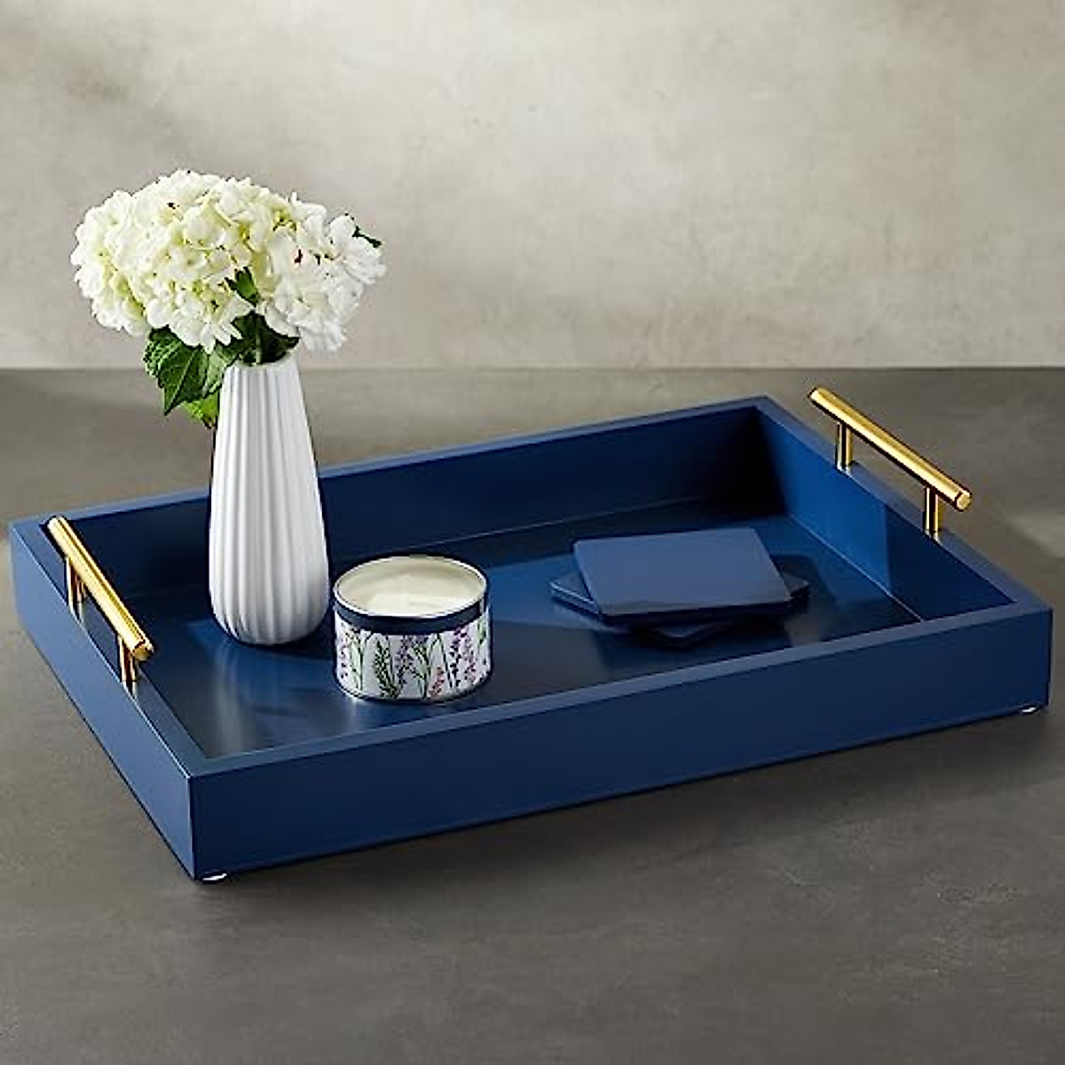 Blue Serving Tray for Coffee Table, 16x12 with Coasters, Decorative Interchangeable Gold and Silver Handles