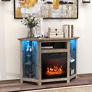 GOFLAME Corner Fireplace TV Stand with LED Lights for TVs up to 50”, Modern Entertainment Center with Electric Fireplace, Remote & Smart APP Control, TV Console with Adjustable Glass Shelves, Gray