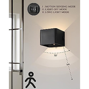 pasentel Indoor LED Motion Sensor Wall Lamp with Button Switch, Cordless Rechargeable USB Wall Sconce Lights Battery Powered Bedside Lamps for Bedroom Children's Room(Black, 3000K), BD026-LED-BK1