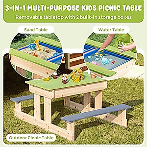 Costzon Kids Picnic Table, 3 in 1 Multipurpose Sand & Water Table w/Removable Top & 2 Storage Boxes, Wooden Construction, Bench Set for Indoor & Outdoor, Patio, Yard, Activity Play Table (Natural)