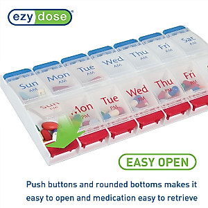EZY DOSE Push Button (7-Day) Pill Case, Medicine Planner, Vitamin Organizer, 2 Times a Day AM/PM, Large Compartments, Arthritis Friendly, Clear Lids, Red/Blue