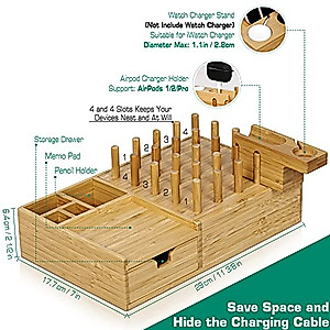 Bamboo Charging Station for Multiple Devices - Darfoo Desktop Docking Station Organizer Compatible with Cell Phones, Tablet, Smart Watch & Earbuds (Included 6 Mixed Cables, No USB Charger)