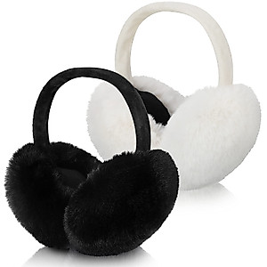 SATINIOR 2 Pieces Winter Ear muffs Faux Fur Earmuffs Cute Foldable Outdoor Ear Warmers Faux Fur Ear Warmers for Women (Black, White), One Size