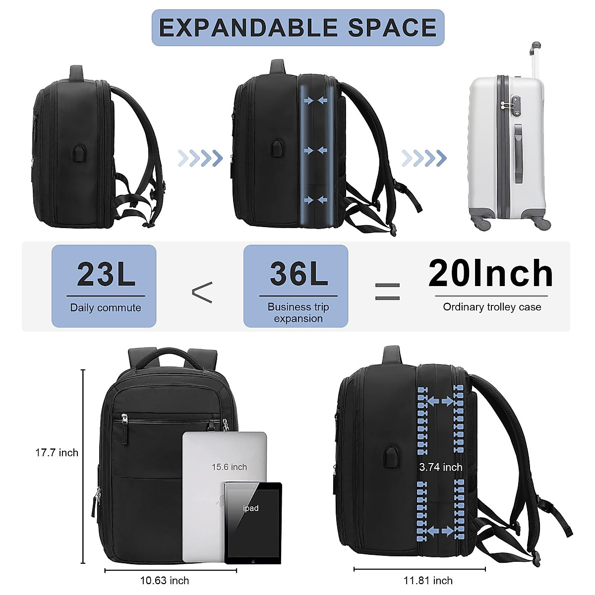 Hp hope Travel Backpack for Women Men, Expandable Airline Approved Carry On Backpack Flight Approved, Waterproof Hiking Weekender Backpack with USB Charging Port & Shoes Compartment, Black