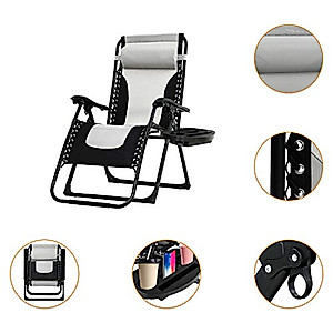 Oversized XL Padded Zero Gravity Chair Folding Patio Lounge Chair Recliners Adjustable Recliner with Cup Holder & Side Table, 420 lbs Weight Capacity, Gray
