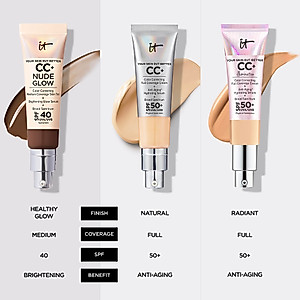 IT Cosmetics CC+ Nude Glow Lightweight Foundation + Glow Serum with SPF 40 - With Niacinamide, Hyaluronic Acid & Green Tea Extract - Neutral Medium - 1.08 fl oz