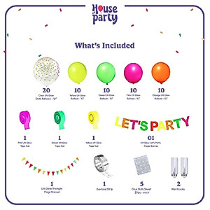 HOUSE OF PARTY Neon Balloon Arch – UV Glow Neon Balloons with Let's Party Neon Banner, Black Light Glow in the Dark Balloons, Neon Party Decorations