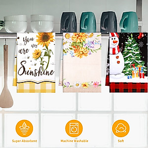 Batiyeer 4 Pcs Seasonal Holiday Kitchen Towels Valentine's Day Gifts for Woman Spring Daisy Sunflower Dish Towels Fall Snowman Towel for Holidays Harvest Thanksgiving Autumn Holiday Gift