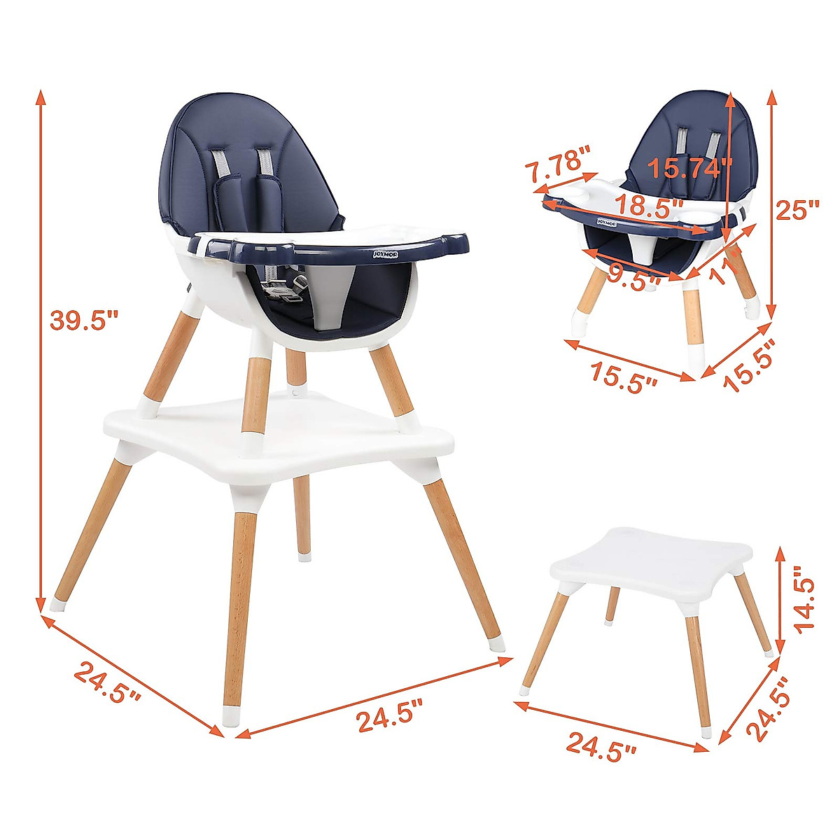 JOYMOR 5-in-1 Convertible Baby High Chair for Babies and Toddlers, Table and Chair Set, Wooden Infant Eating Highchair with Leather Seat Cushion, 4-Position Removeable & Adjustable Tray (Blue)