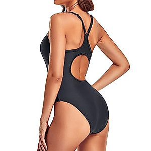 Tempt Me Black Athletic One Piece Swimsuits for Women Training Sport Tummy Control Bathing Suits Medium