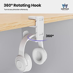 3-in-1 PC Gaming Headphone & Controller Holder - EURPMASK Headphones Hanger w/Adjustable & Rotating Arm Clamp,Headphone Stand Under Desk, Universal Headset Controllers Hook with Cable Organizer-White