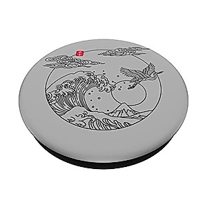 Japanese Vintage Line Art Crane The Great Wave off Kanagawa PopSockets Swappable PopGrip
