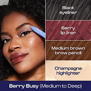 Alleyoop Pen Pal 4-in-1 Touch Up Makeup Pen - Eyeliner in Black, Lip Liner in Berry, Highlighter Stick in Champagne, Eyebrow Pencil in Brown - Travel Makeup Pen, Cruelty-Free & Vegan (Berry Busy)​