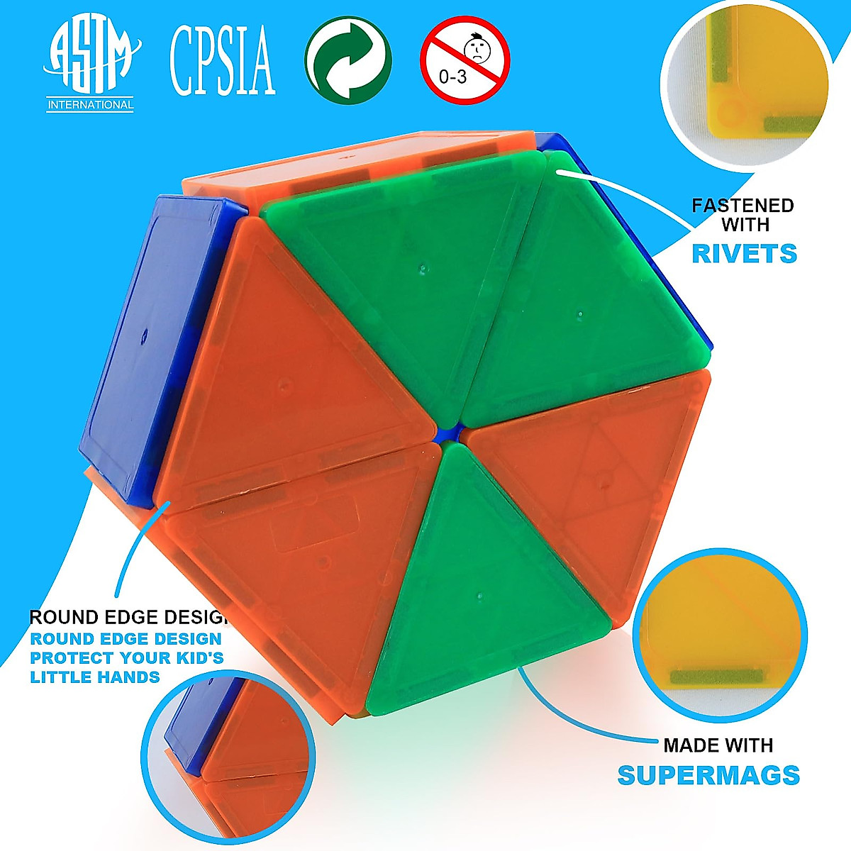 vanstarry 65 Piece Magnetic Tiles Building Blocks Set for Boys Girls Preschool Educational Construction Kit Magnet Stacking Toys for Kids Toddlers Children 3 4 5 6 7 8 Year Old