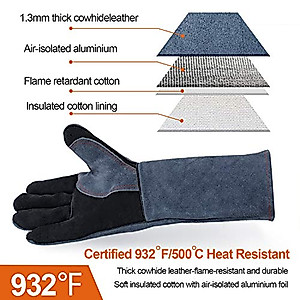 HZXVOGEN 16 Inches 932℉ Heat Fire Resistant Welding Gloves BBQ Grill Gloves for Arc Tig Mig Wood Stove Barking Oven Fireplace Welder Gloves – Free Size for Men Women
