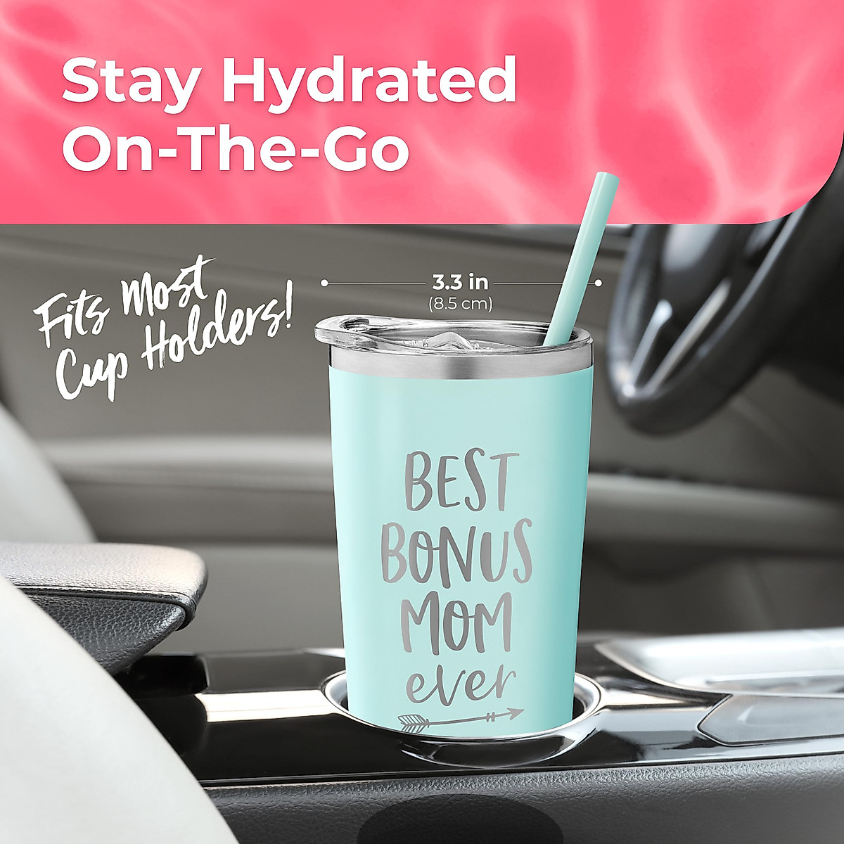 Best Bonus Mom Stainless Steel Coffee Mug with Insulated Travel Tumbler and Straw - Birthday Gift for Bonus Mom, Best Mom Ever, Friend, and Work Mom - Stepmom Travel Coffee Cup, Coffee Tumbler