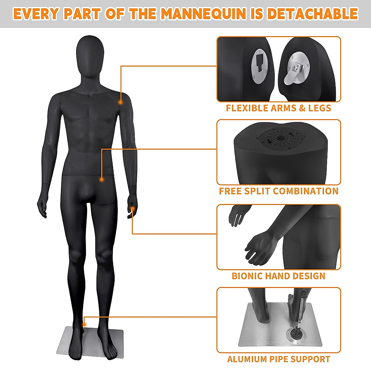 Male Mannequin Full Body Maniquine Model Stand Adjustable 73 inch Faceless Plastic Detachable Manequins Stand Metal Base Metal Connector, Black Matte