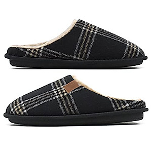 COFACE Mens Black Flano Plaid Cozy Memory Foam scuff Slippers Slip On Warm House Shoes Indoor/Outdoor With Best Arch Surpport Size 8