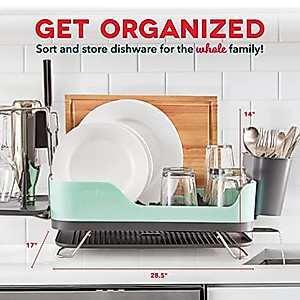DASH SmartStore™ Full Size Dish Rack – Plates, Cups, Utensil Holder, Knife Slot, Drainage Spout + Drying Mat – Aqua
