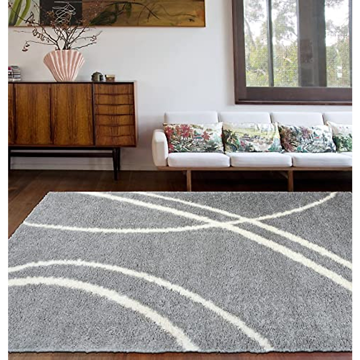 Rugshop Cozy Contemporary Stripe Perfect for Living Room,Bedroom,Home Office Non-Shedding Plush Shag Area Rug 5'3" x 7'3" Gray-White