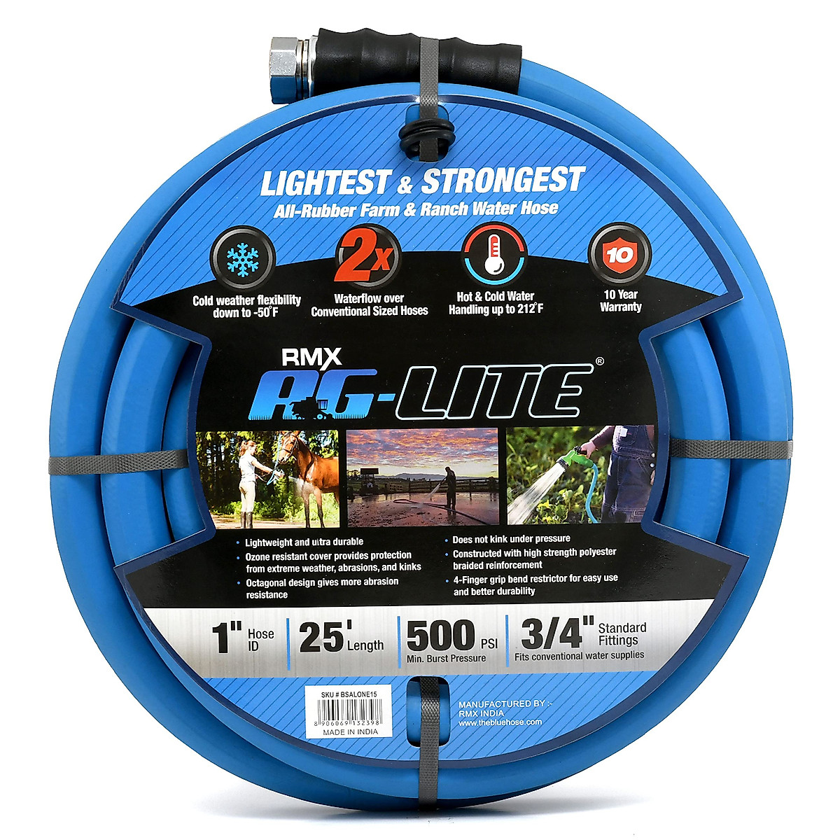 AG-LITE BSALONE25 1" x 25' Hot/Cold Water Rubber Garden Hose, 100% Rubber, Ultra-Light, Super Strong, 500 PSI, 50F to 190F Degrees, High Strength Polyester Braided, 2x Water Flow