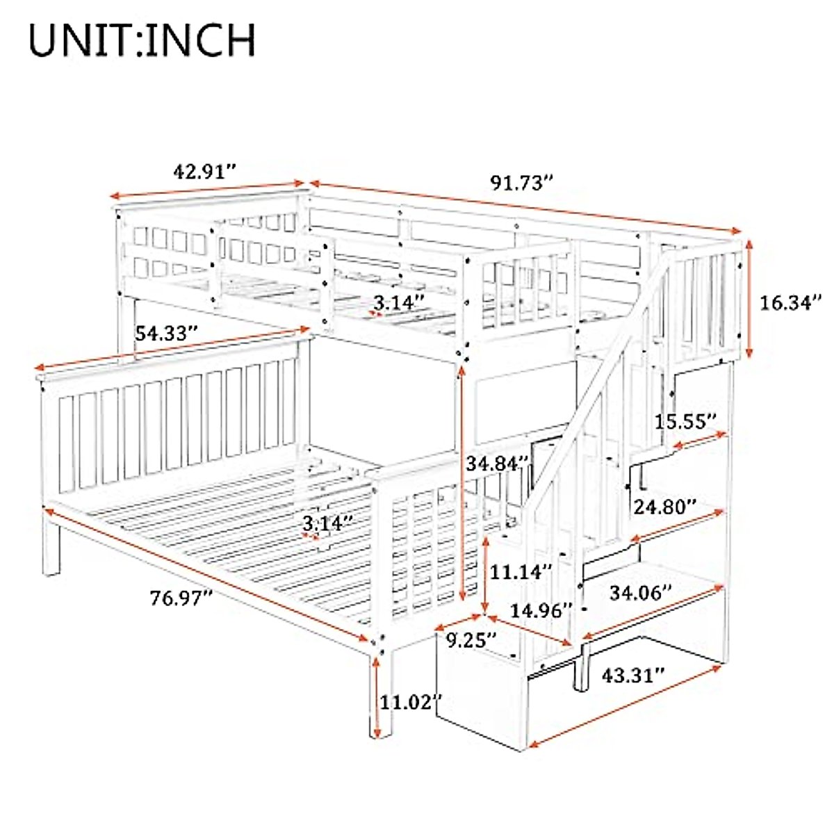 Woanke Twin Over Full Stairway Bunk Bed, Solid Wood Bed Frame with with Twin Size Trundle, Stairway, Storage and Guard Rail for Bedroom, Dorm, No Need Spring Box, Espresso