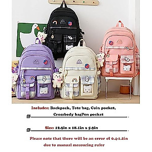 LsdgFriday Kawaii Backpack Set 5Pcs Canvas Plaid School Bag with Cute Pendants Pins Accessories for Teen Girls Aesthetic Backpack Shoulder Tote Bags Daypack for Back To School