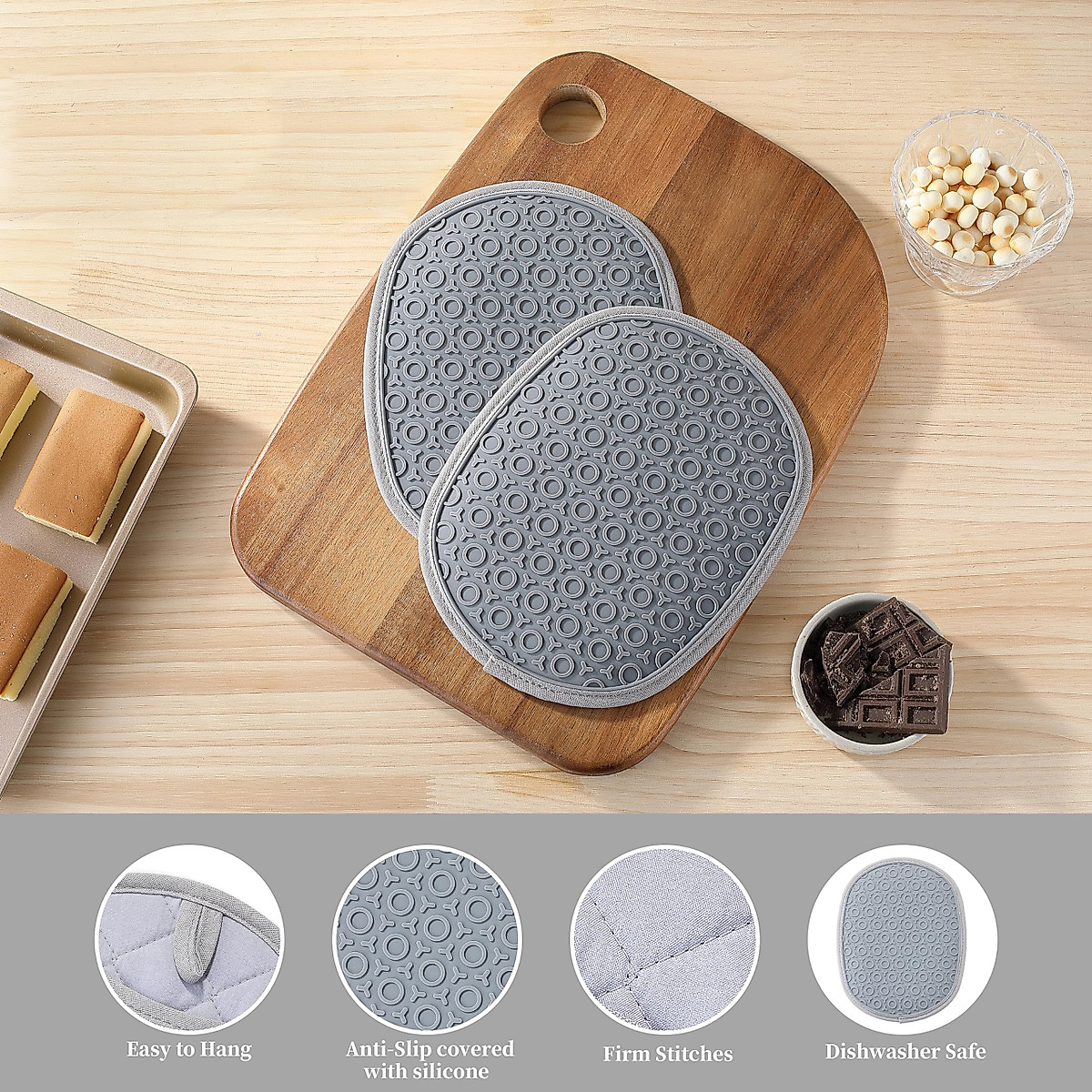 2PCS Silicone Pot Holders, OLULU Heat Resistant Hot Pads with Pockets, Non Slip Pot Holders for Kitchen, Baking and Cooking (9.8 * 7.5 inches, Grey)