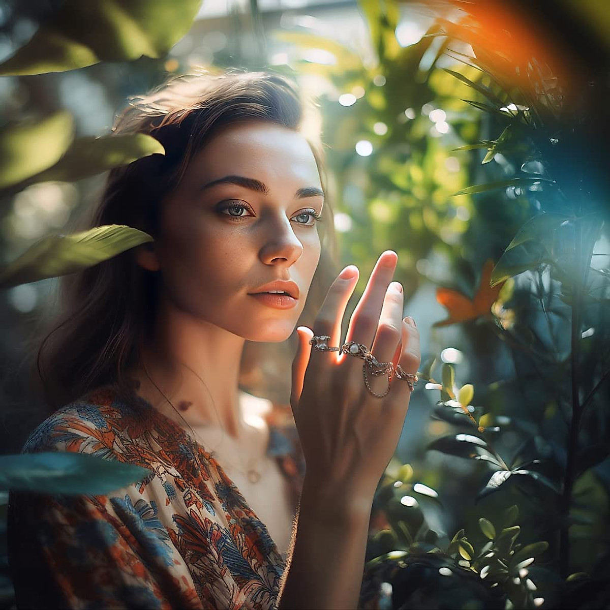 Gbinitail 4Pcs Nature-Inspired Adjustable Silver Ring Set - Platinum-Plated Stackable Rings with Zirconia, Pearl, Twig & Chain Details for a Unique Aesthetic, Size 5.5-7.5